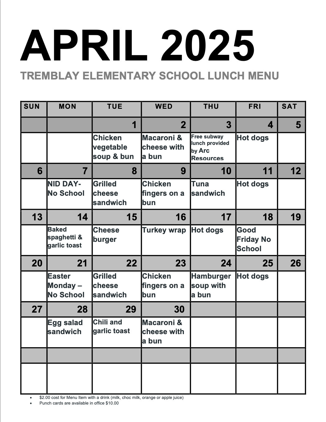April Lunch Menu | School District 59
